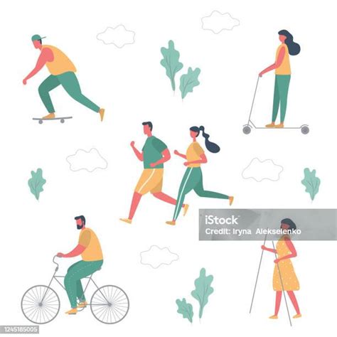 공원에서 여름 사람들 활동 남자와 여자는 달리고 자전거를 타고 전기 스쿠터를 타고 스케이트 보드를 타고 노르딕 워킹에 종사 노르딕 워킹에 대한 스톡 벡터 아트 및 기타