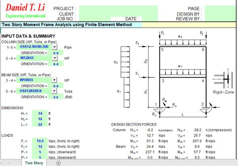 Two Story Moment Frame Analysis Using Finite Element Method Excel Sheets