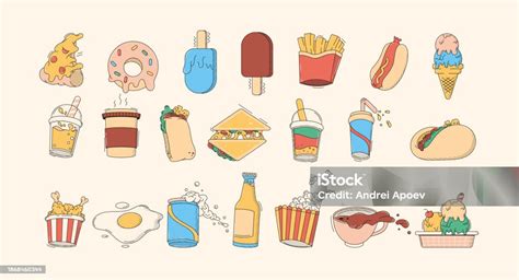 패스트 푸드 및 음료 복고풍 만화 벡터 일러스트 레이 션 세트 도넛에 대한 스톡 벡터 아트 및 기타 이미지 도넛 스티커 0명 Istock