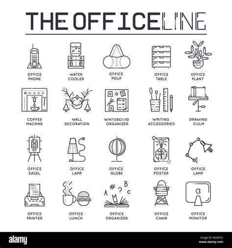 Set Of Office Interior Thin Line Icons Isolated On White Background