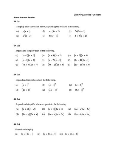 quadratic function 1 teaching resources