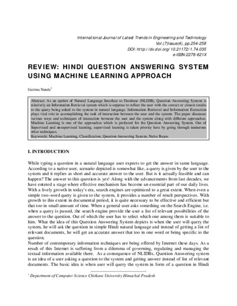 Pdf A Hindi Question Answering System Using Machine Learning Approach