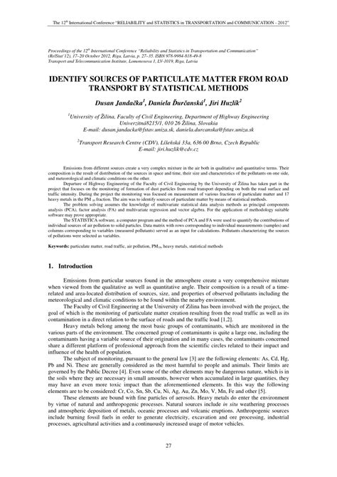 Pdf Identify Sources Of Particulate Matter From Road Transport By Statistical Methods