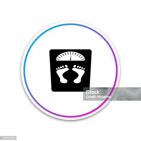 발자국 아이콘이 흰색 배경에 고립 된 욕실 저울 무게 측정 장비 무게 규모 피트 니스 스포츠 개념입니다 동그라미 흰색 버튼 벡터