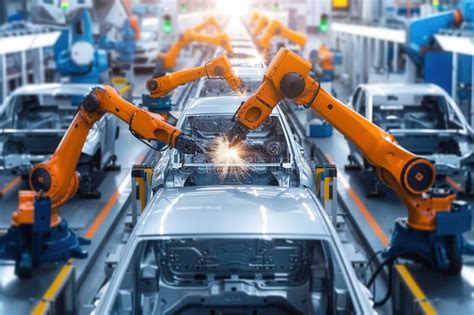 Robotic Arms Carry Out Precise Tasks On A Car Assembly Line Enhancing