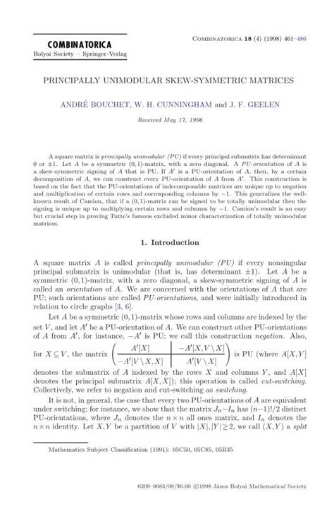 Pdf Principally Unimodular Skew Symmetric Matrices Dokumentips
