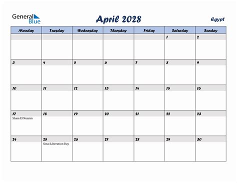 April 2028 Monthly Calendar Template With Holidays For Egypt Monday Start