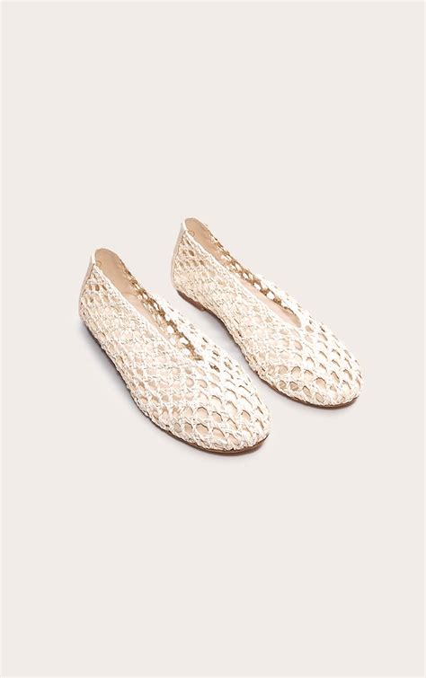 Cream Pu Round Toe Woven Ballet Flats Footwear Plt