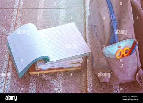 School Backpack Notebooks Books Close Up Supplies And Objects For