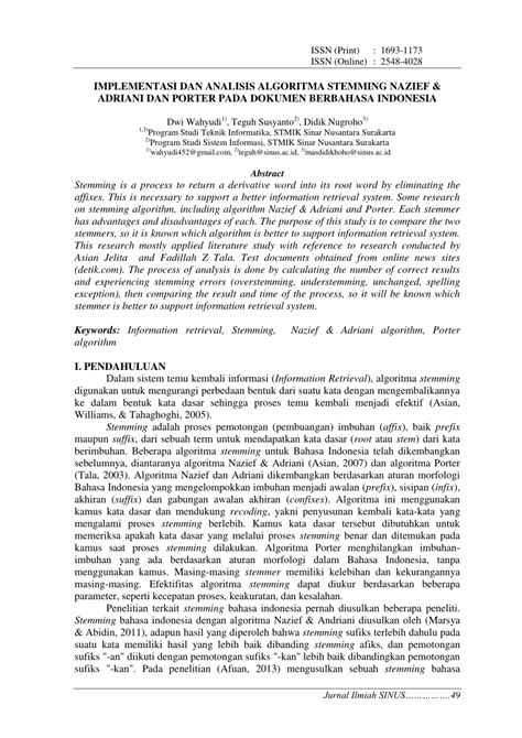 Pdf Implementasi Dan Analisis Algoritma Stemming Nazief And Adriani Dan Porter Pada Dokumen