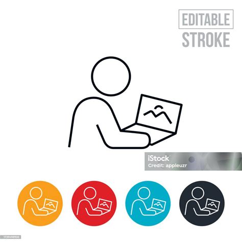 노트북에서 사진을 편집하는 사람 가는 선 아이콘 편집 가능한 스트로크 그래픽 편집 소프트웨어에 대한 스톡 벡터 아트 및 기타