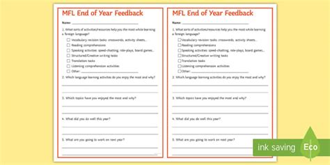 End Of Year Feedback Questionnaire Cards