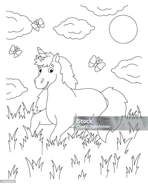쾌활한 유니콘이 풀밭에서 뛰어 오른다 아이들을위한 색칠 공부 책 페이지 만화 스타일 캐릭터 흰색 배경에 고립된 벡터 일러스트레이션입니다 외형선에 대한 스톡 벡터 아트 및