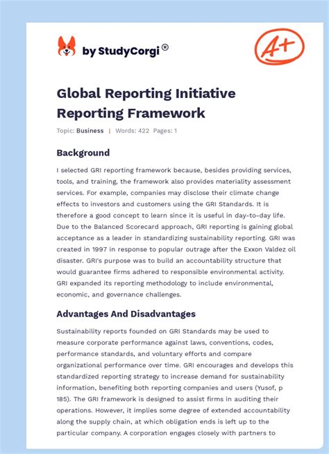 Global Reporting Initiative Reporting Framework Free Essay Example