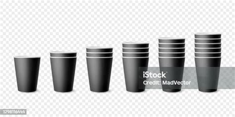 벡터 3d 현실적인 검은 종이 광택 일회용 컵 세트 음료컵 의 스택 음료 절연 음료 커피 소다 차 칵테일 밀크쉐이크 모형을 위한 포장의 디자인 템플릿 전면 보기 0명에 대한