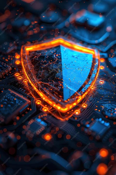 Futuristic Cybersecurity Shield On Circuit Board With Glowing Orange And Blue Lights Premium