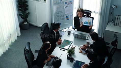 Top View Of Manager Show Increase Sales Chart While Team Clap Hand Directorate Stock Footage