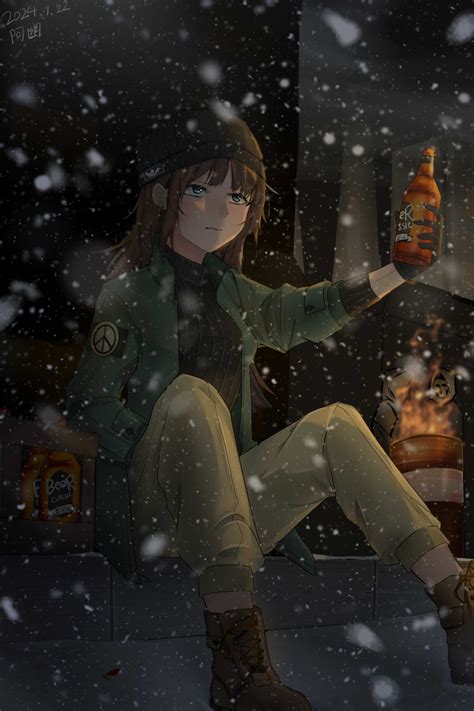 Safebooru 1girl Absurdres Beanie Beer Bottle Bottle Brown Hair Gloves