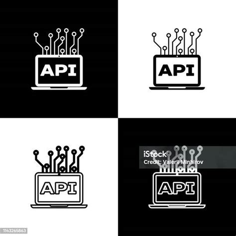Set Computer Api Interface Icons Isolated On Black And White Background Application Programming