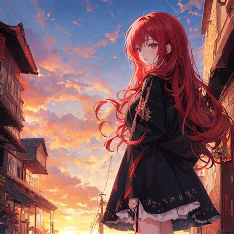 Аниме девушка закат платье красные волосы крупные глаза Disegni Di Ragazze Ragazza Anime
