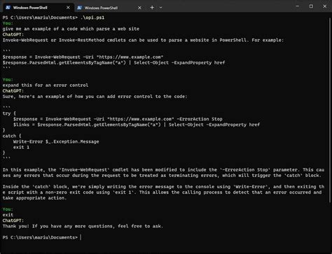 help from chatgpt on powershell coding from console powershell help