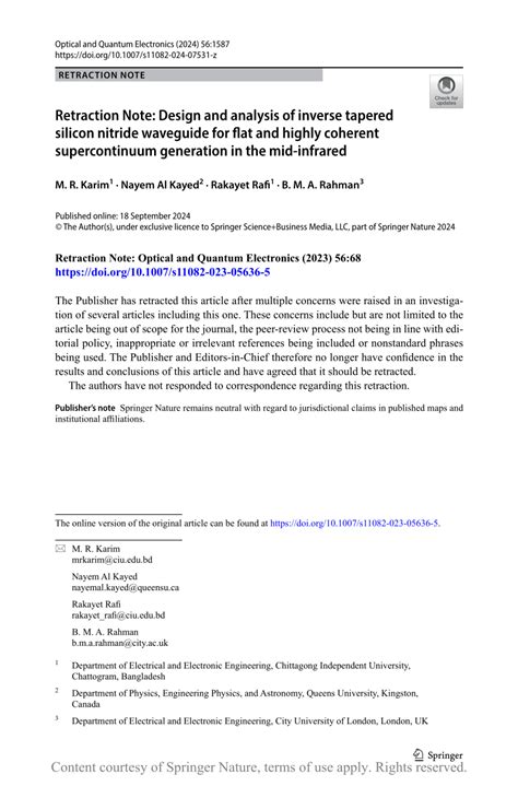 retraction note design and analysis of inverse tapered silicon nitride