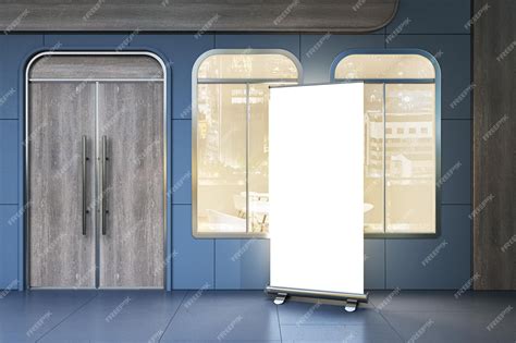 Windows 3d 렌더링에 빈 흰색 모의 배너와 도시 반사가 있는 현대적인 야간 상점 입구 외관 프리미엄 사진