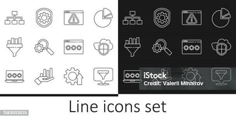 판매 깔때기 구름 및 방패 브라우저 느낌표 돋보기 기어 판매 차트 계층 구조 조직도 암호 보호 및 방패 설정 아이콘으로 라인 위치를 설정합니다 벡터 개념에 대한 스톡 벡터