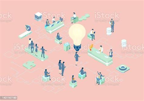 아이소메트릭 비즈니스 환경 큰 빛을 중심으로 일하고 만나는 사업가들은 함께 일하는 상징으로 새로운 아이디어 콘텐츠 지원 및