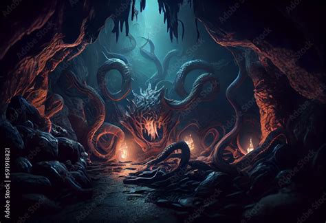 Freaky Dark And Creepy Cave With Tentacle Monsters Concept Art