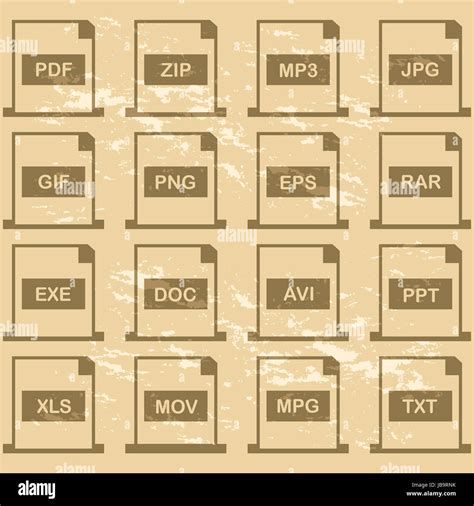 Icon Set Showing Different Computer File Extensions In Retro Style