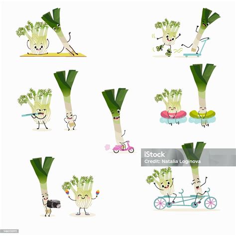 그림 벡터 세트 재미있는 캐릭터 회향 부추 양파 컬렉션 재미 있고 건강한 음식 비타민 귀여운 얼굴 음식 재료 채식주의자 벡터 만화 농업 원시 2인승 자전거에 대한 스톡 벡터