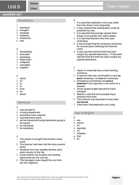 Level5 U8 Test Higher Answer Key Pdf