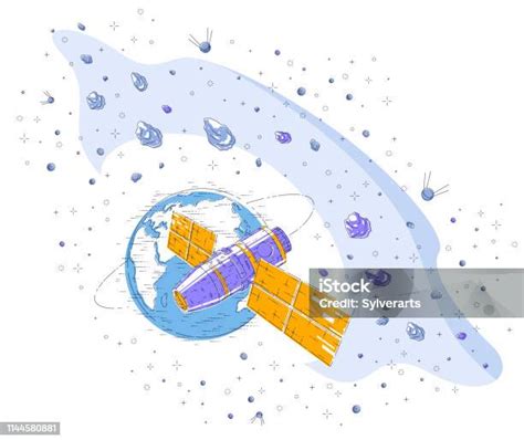 우주 정거장은 지구 주위를 궤도 우주 비행 태양 전지 패널 인공 위성 소행성 비와 별 아래 우주선 우주선 Iss 얇은 라인 3d 벡터 일러스트입니다 경외감에 대한 스톡 벡터