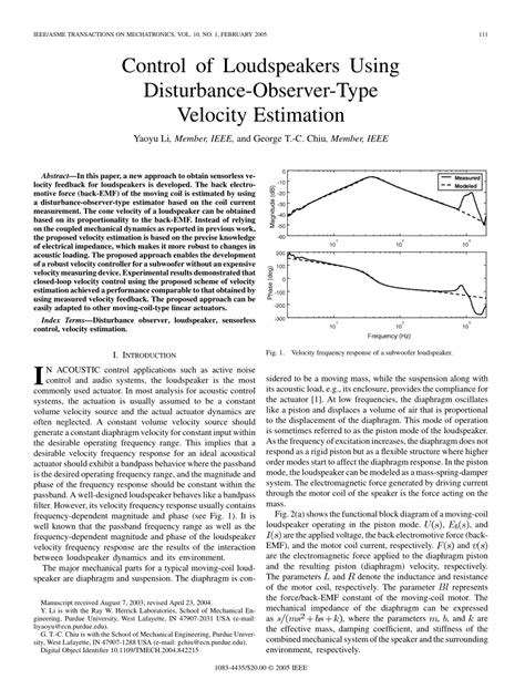 Pdf Control Of Loudspeakers Using Disturbance Observer Type Velocity