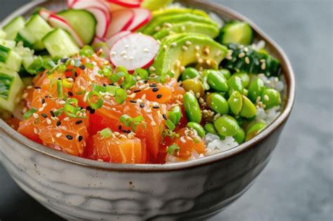 Premium Photo Salmon Poke Bowl With Avocado Rice And Veggies