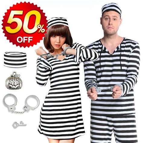 【楽天市場】衝撃半額最安1602円★クーポンで／ 囚人 コスチューム 囚人服 白黒ボーダー柄 ハロウィン コスプレ 女性 男性仮装 コスプレ 手錠 セット レディース クリスマス