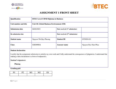 530 Asm1 Gbd 0908 Assignment 1 Front Sheet Qualification Btec Level 5 Hnd Diploma In Business