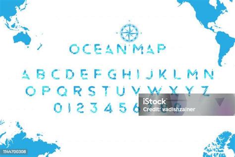 배경에 복고풍 나침반 세계지도의 형태로 원래 바다 글꼴 여행과 여행에 대 한 라틴어 문자와 숫자입니다 0명에 대한 스톡 벡터 아트 및 기타 이미지 Istock