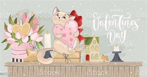 발렌타인 데이 카드 축제 요소와 로맨틱 한 고양이 손 글자 벡터 그림입니다 초대 인사 축하 포스터에 대한 템플릿 고양이 새끼에 대한 스톡 벡터 아트 및 기타 이미지 Istock