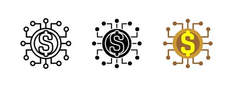 디지털 화폐 아이콘입니다 블록체인 연결 기호가 있는 달러 코인 전자 거래 및 온라인 금융 암호 화폐 핀테크 및 글로벌 결제의 상징 금융 기술 개념입니다 검은색에 대한 스톡