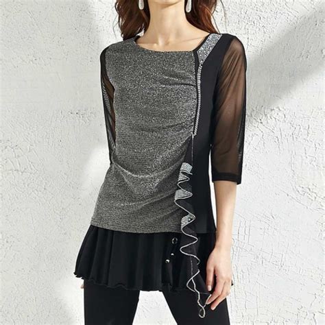 섹시 살랑 반짝이 칠부 블라우스 스포츠 댄스복 상의 여성 빅사이즈 미시 라인 줌바 차밍 사교 Ssgcom