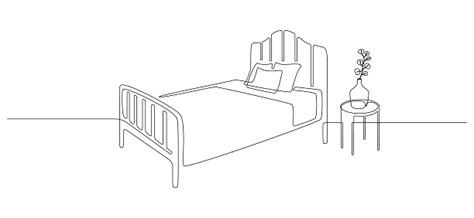 꽃병과 식물이있는 더블 침대와 테이블의 연속 한 줄 그리기 간단한 선형 스타일의 아늑한 로프트 침실을위한 스칸디나비아 세련된 가구 편집 가능한 스트로크 낙서 벡터 일러스트