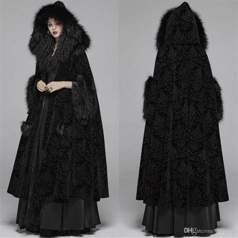 Black Fur Winter Cloak Cape Hooded With Print Trim Long Bridal Wraps