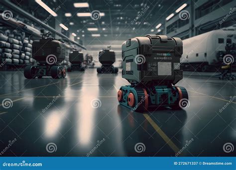 Automated Modern Retail Warehouse Robotics Transporting Boxes Of