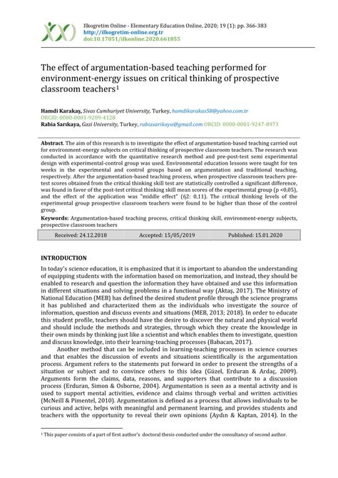Pdf The Effect Of Argumentation Based Teaching Performed For Environment Energy Issues On