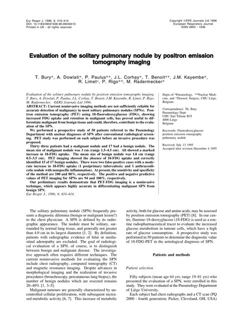 Pdf Evaluation Of The Solitary Pulmonary Nodule By Positron Emission Tomography Imaging