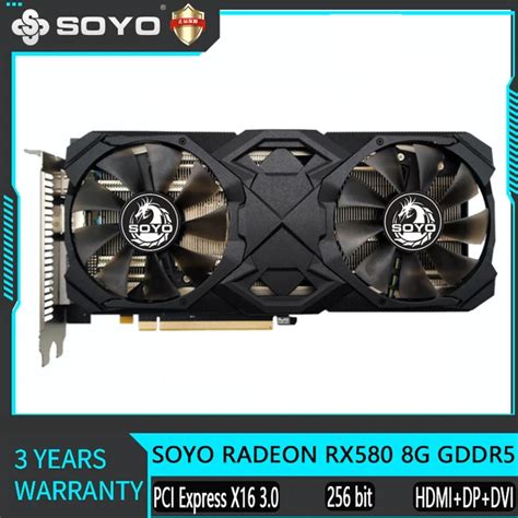 Soyo 그래픽 카드 Amd Rx580 8gb 게임용 Gddr5 256 비트 Pci 익스프레스 30 × 16 Radeon Gpu 컴퓨터 비디오 8 핀