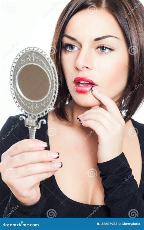 Beautiful Brunette Girl Looks In Mirror Stock Image Image Of Nice
