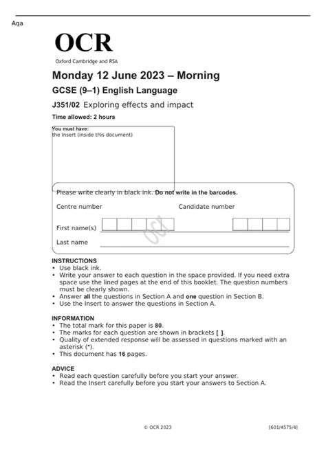 ocr gcse 9 1 english language paper 1 and 2 june 2023 question papers